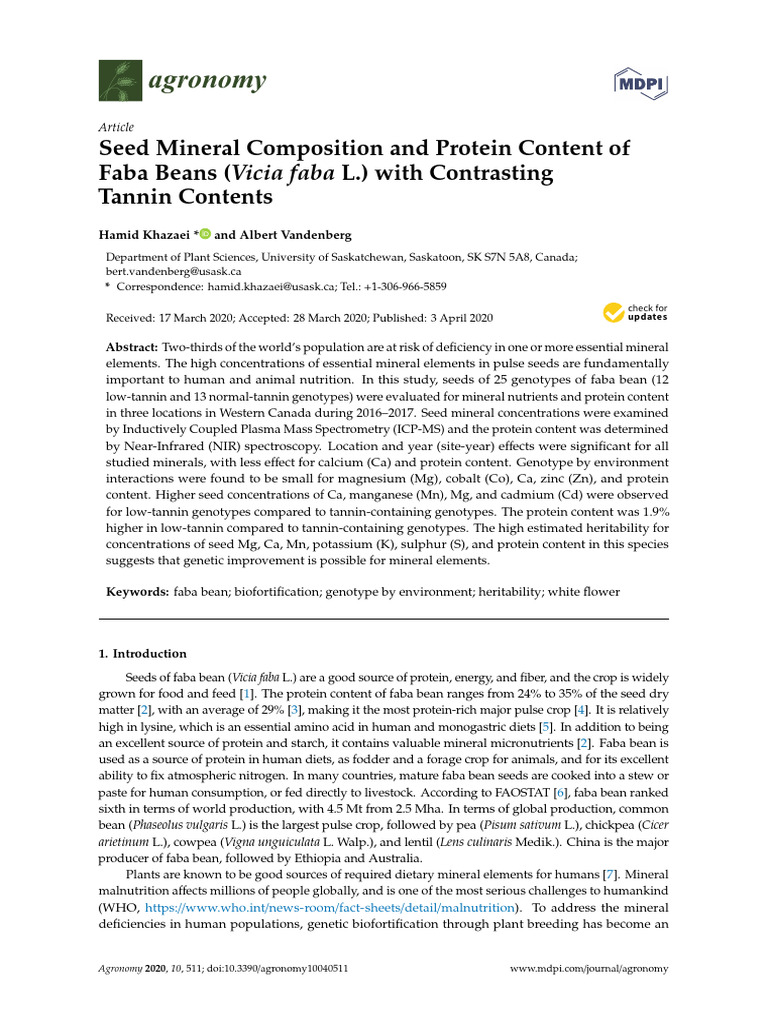 Seed Mineral Composition and Protein Content of Faba Beans | Download Free PDF | Legume | Bean