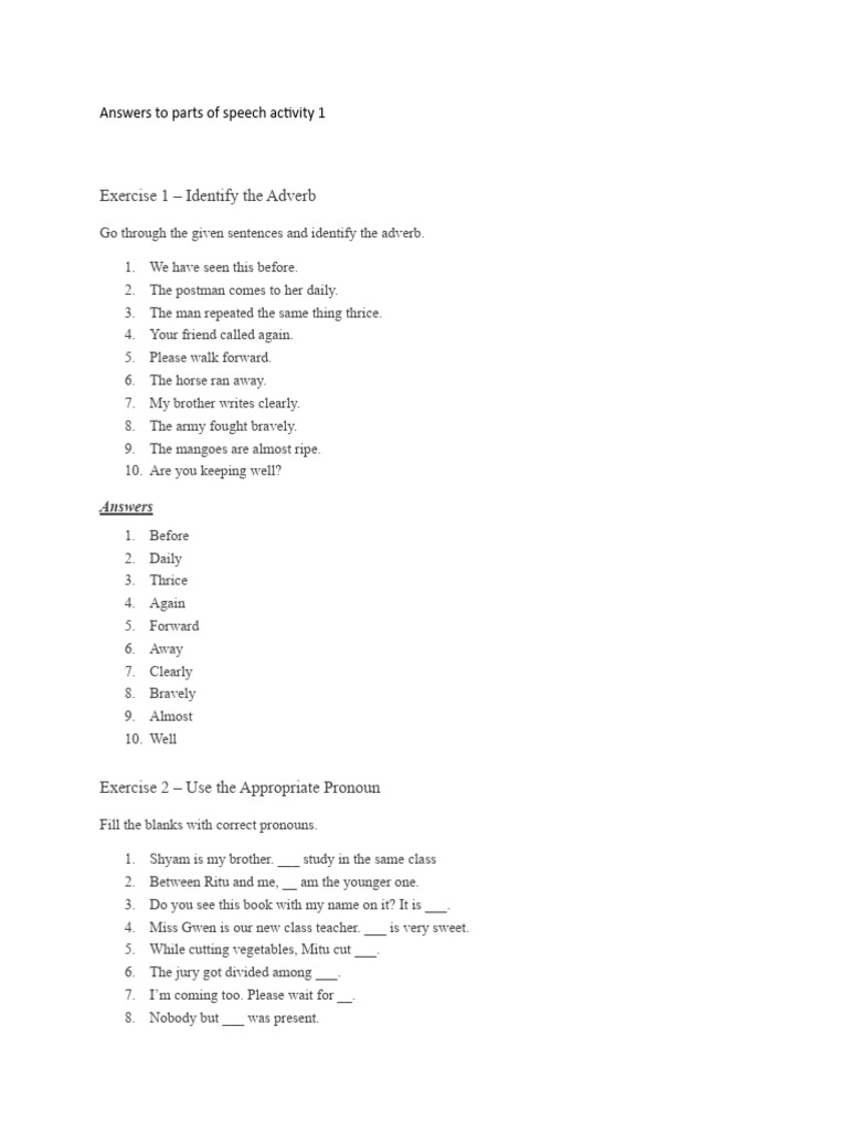 Question and Aswers To Parts of Speech Act 1 | PDF | Part Of Speech ...