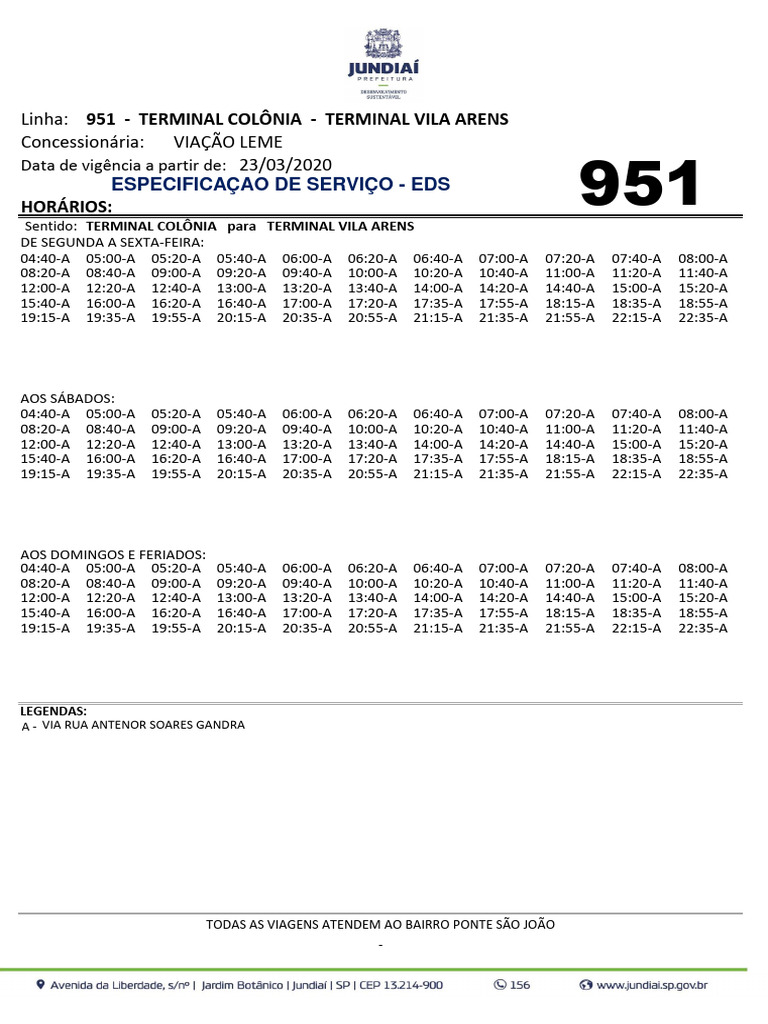 Horários Linha 951 Vila Arens | PDF