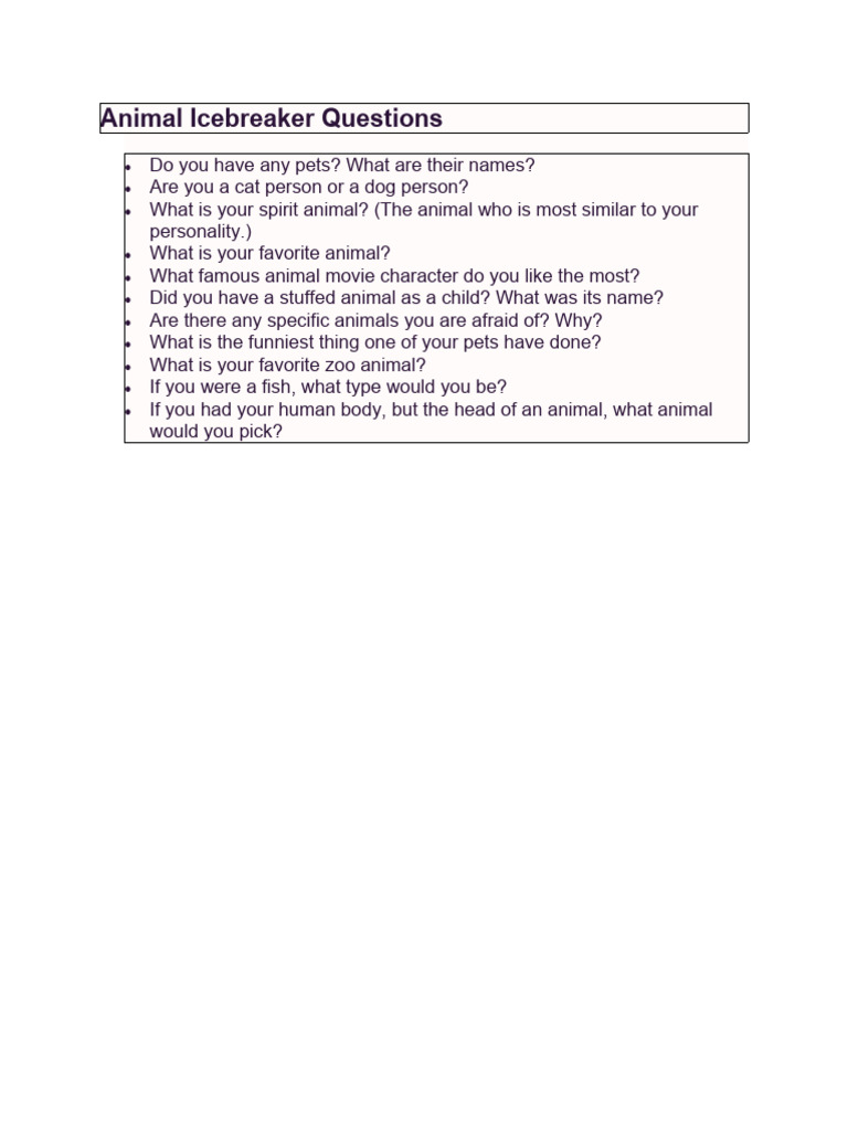 Animal Icebreaker Questions | PDF | Self-Improvement