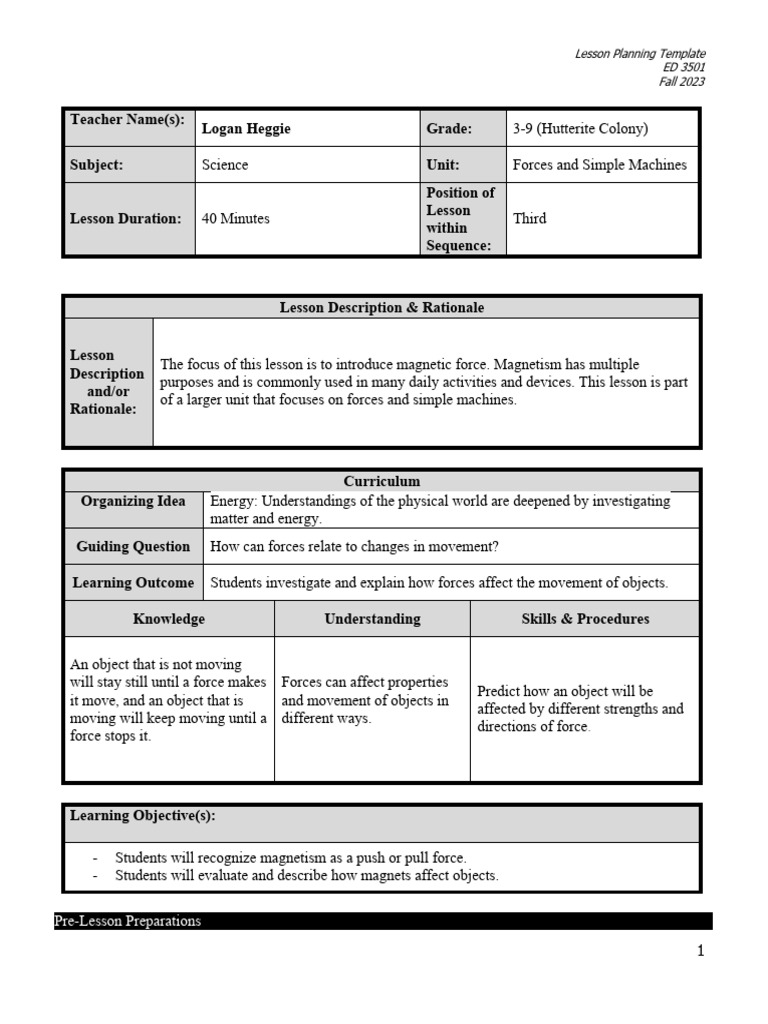 Forces and Simple Machines - Magnetism Lesson Plan | PDF | Magnet ...
