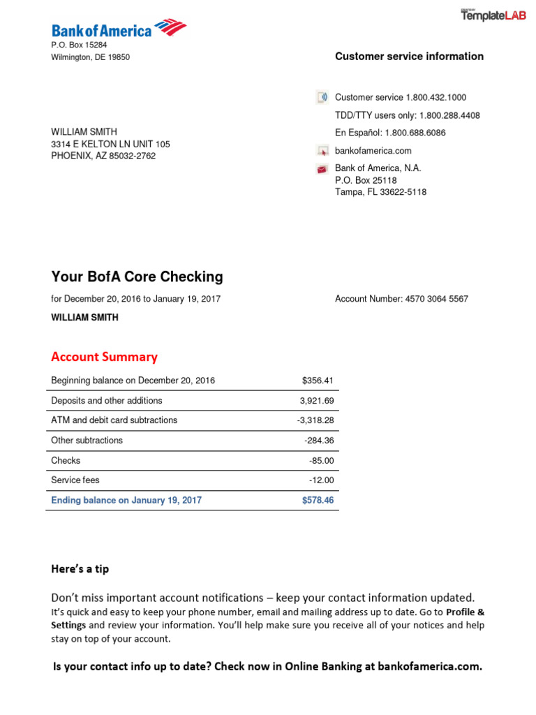 BofA Checking Statement Summary | PDF