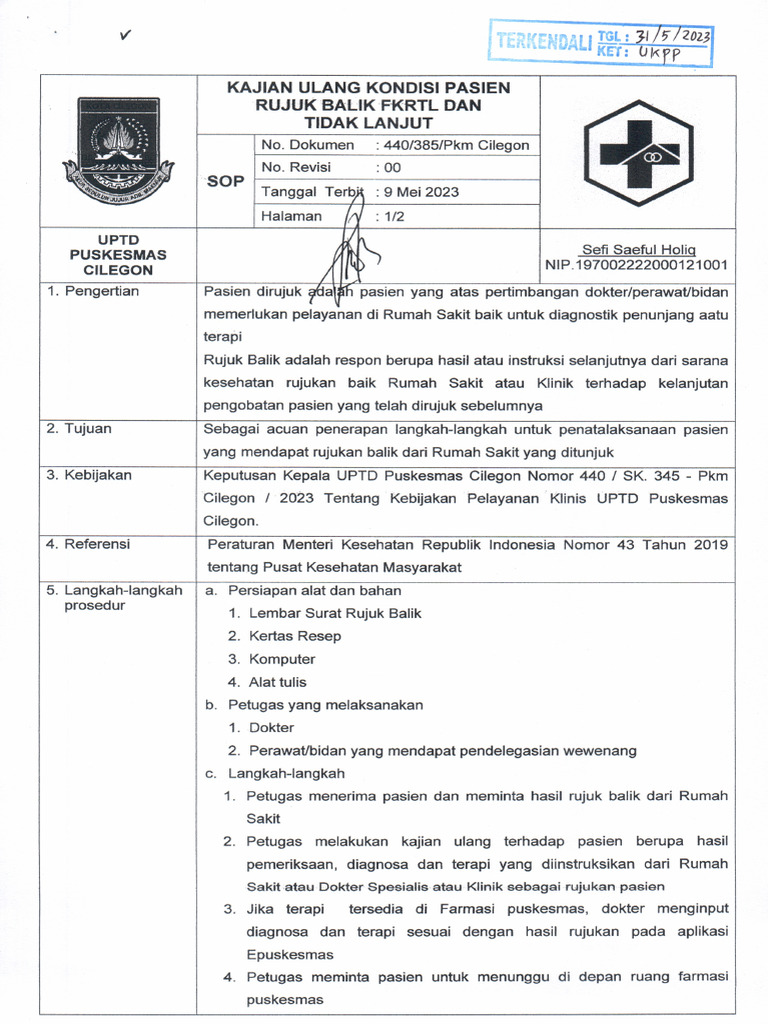 SOP Rujuk Balik (Kajian Ulang Kondisi Pasien Rujuk Balik FKRTL) | PDF