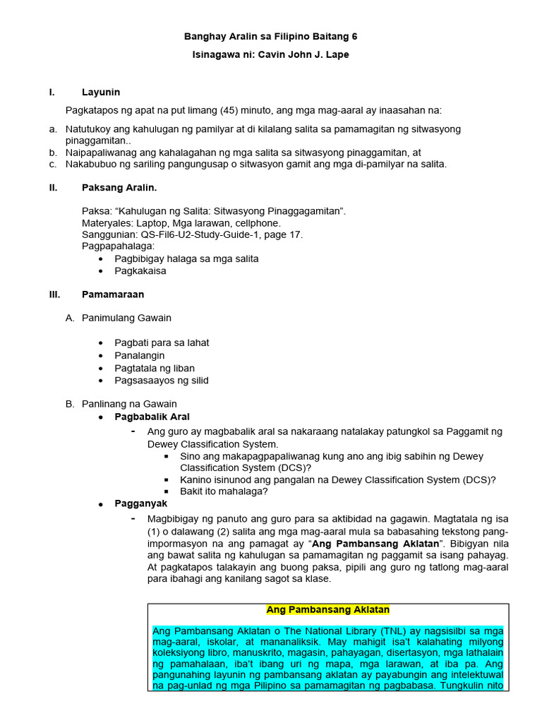 Final Lesson Plan Filipino 6 | PDF
