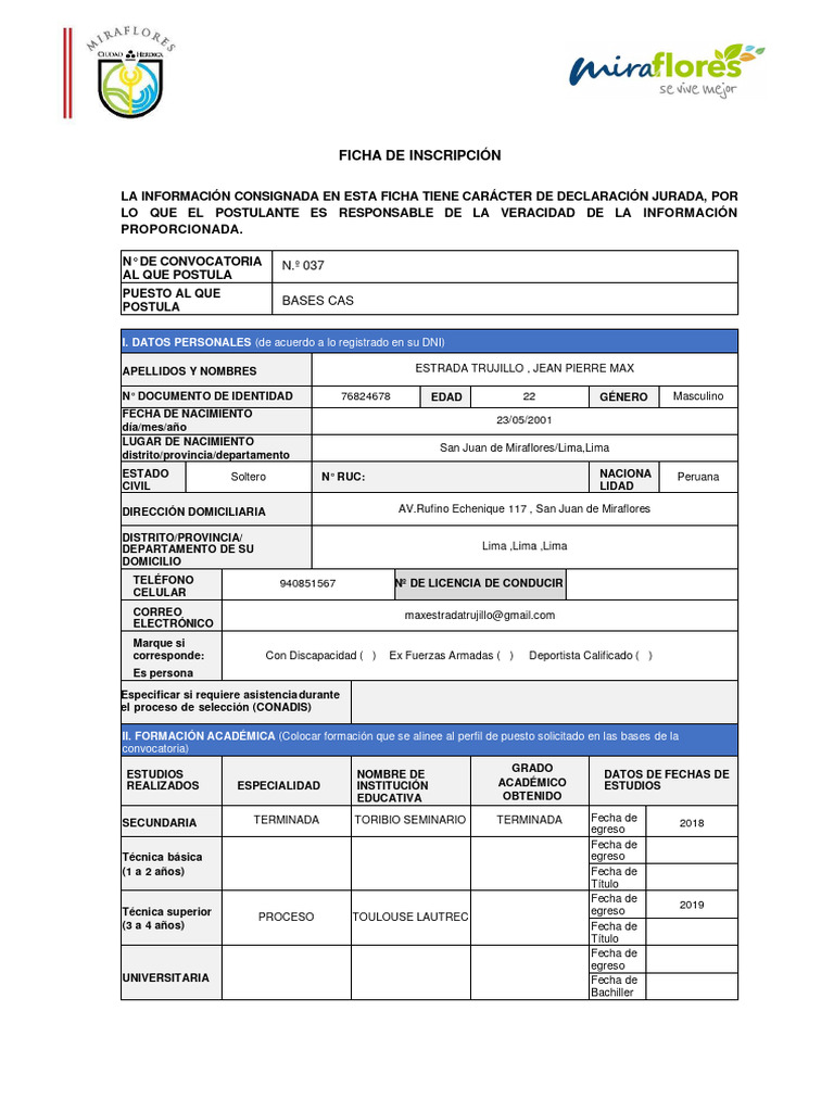 FICHA-DE-POSTULACION-Y-ANEXOS-CAS-MIRAFLORES-2024 (1) Jean Pierre | PDF ...