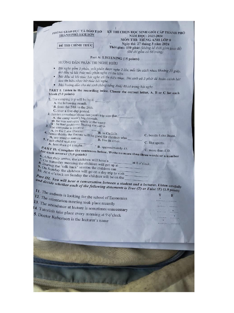 (Loga - VN) Ä Á HSG TIáº NG ANH 8 TP Sáº M SÆ N NÄ M Há C 2023-2024 | PDF