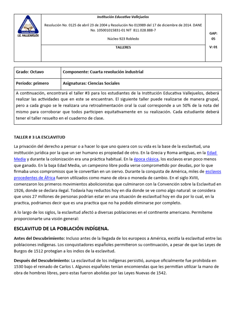 Taller La Esclavitud en America y Su Abolicion | PDF | Esclavitud ...