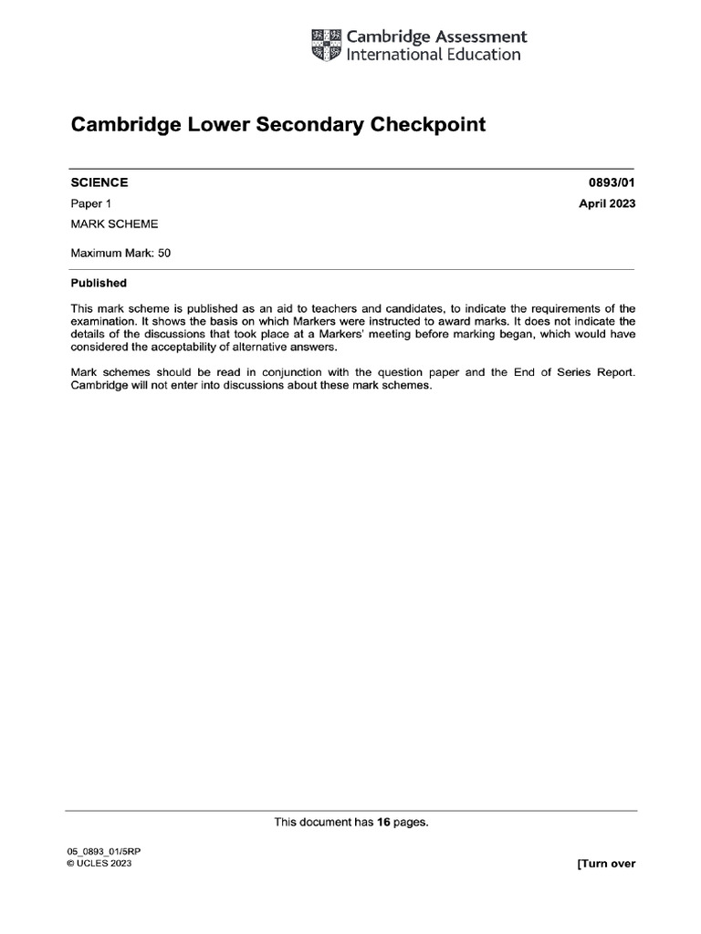 0893 Science Paper 1 Marking Scheme April 2023 | PDF