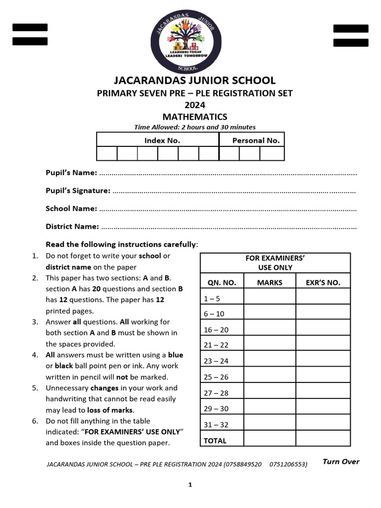 P.7 MTC Pre Ple Reg 2024 | Download Free PDF | Mathematics | Elementary ...