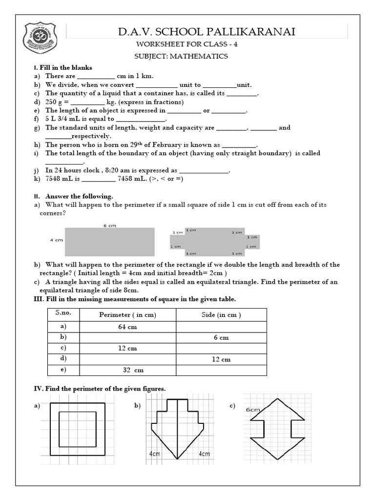 Class 4 Maths Worksheet PT-3 | PDF | Metrology | Quantity