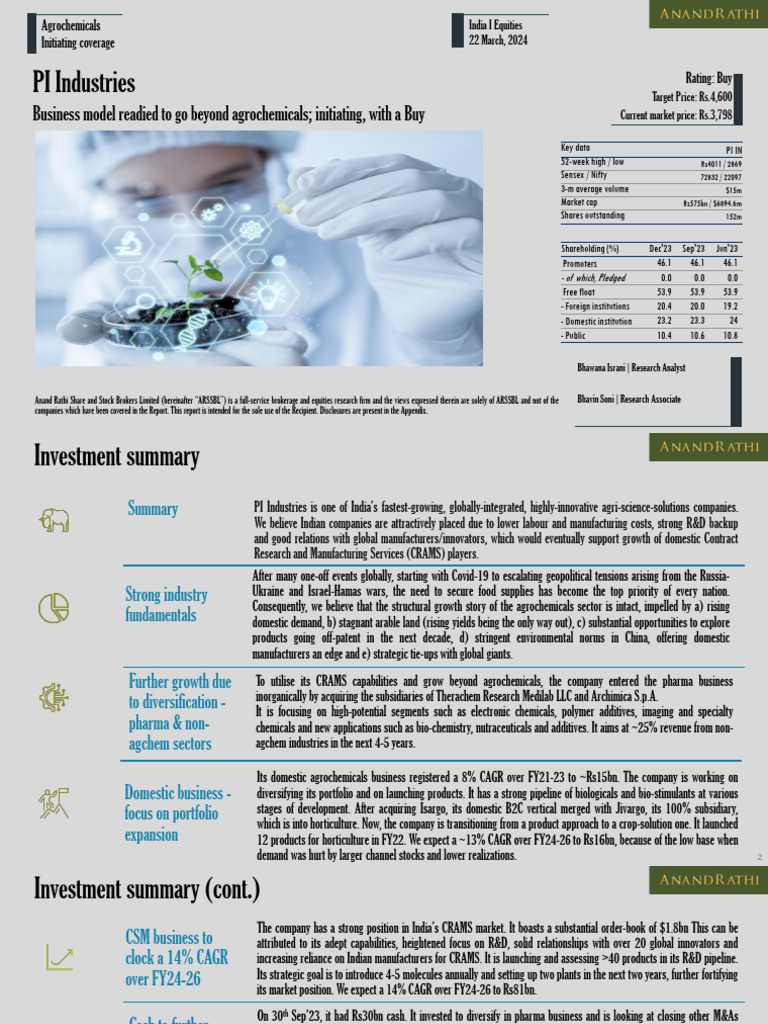 PI Industries: Initiating Coverage Report | PDF | Stocks | Pharmaceutical Industry