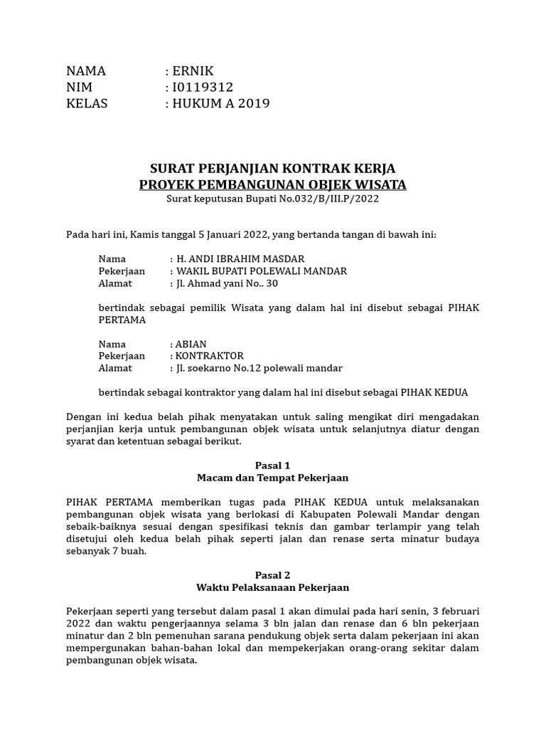 Tugas Ernik Surat Perjanjian Kontrak Kerja | PDF