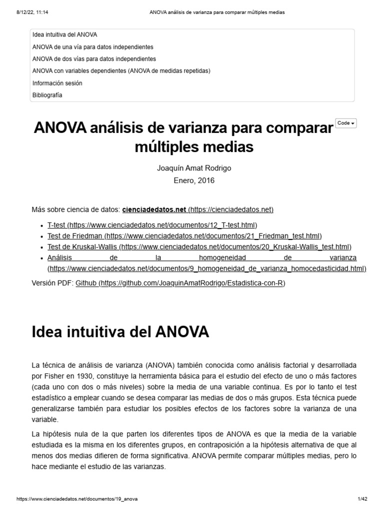 ANOVA Análisis de Varianza | PDF | Análisis de variación | Diferencia
