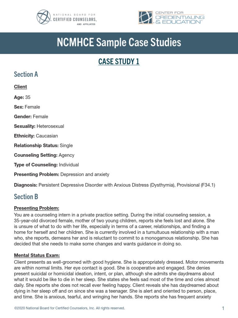 NCMHCE Sample Case Studies | Download Free PDF | Psychotherapy | Mental Disorder