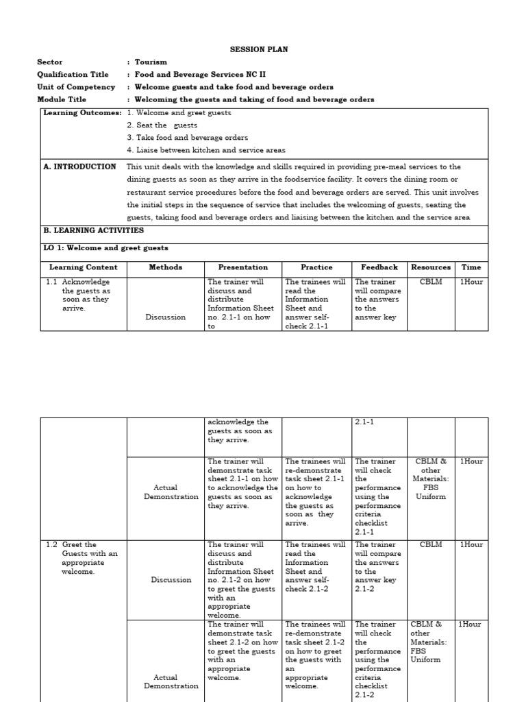 session plan template 1-3 TMC | PDF | Foodservice | Restaurants