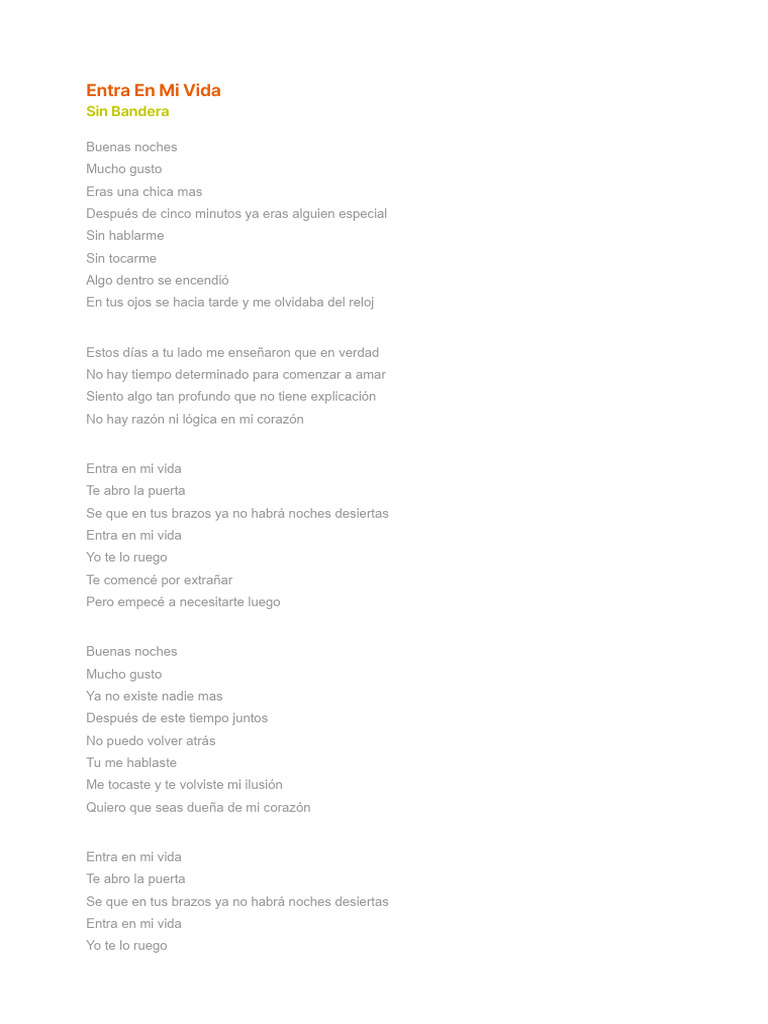 ENTRA EN MI VIDA - Sin Bandera | PDF