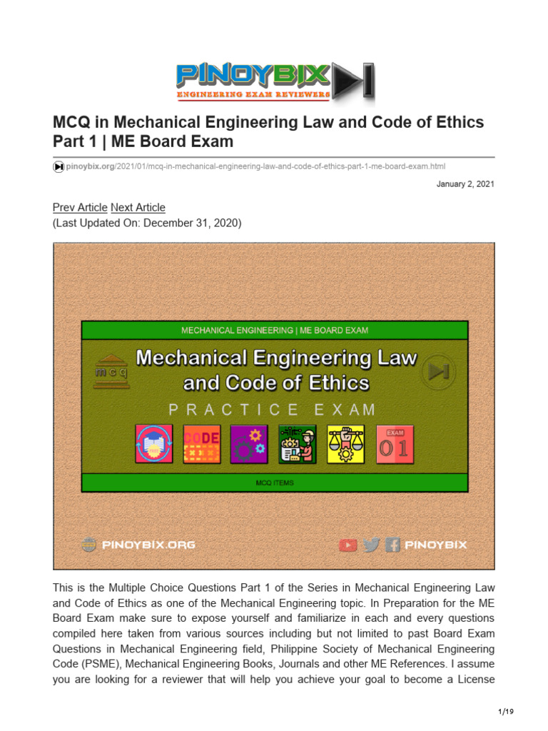 MCQ in Mechanical Engineering Law and Code of Ethics Part 1 ME Board ...