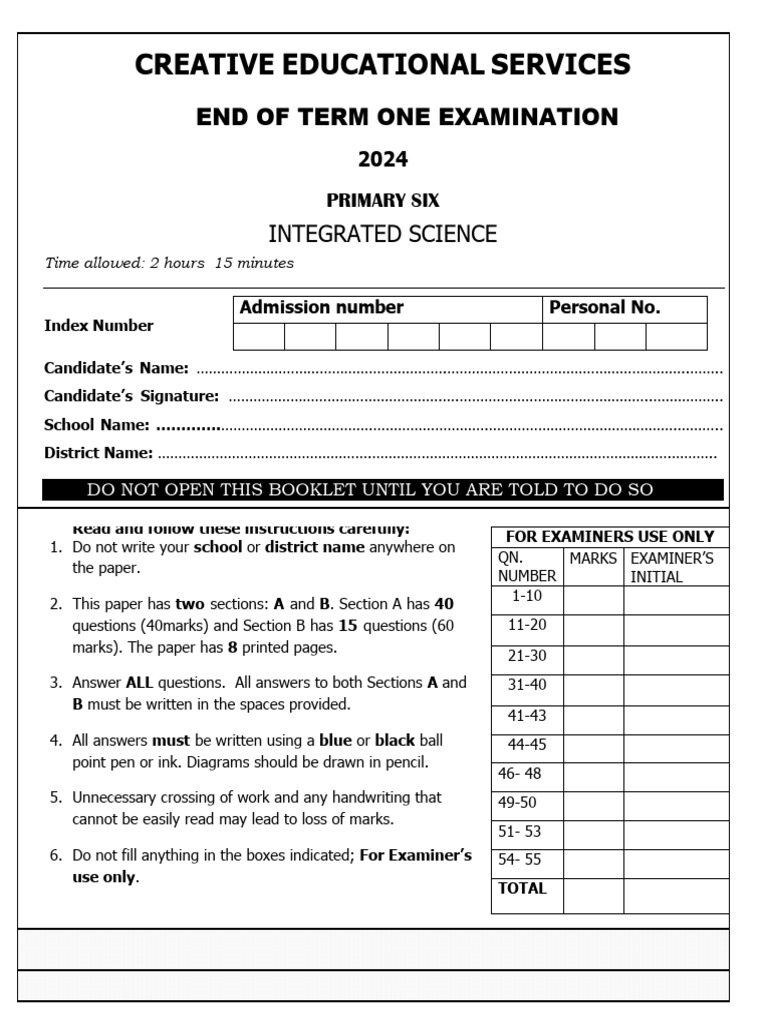 P6. Science End of Term One 2024 | PDF | Soil | Water