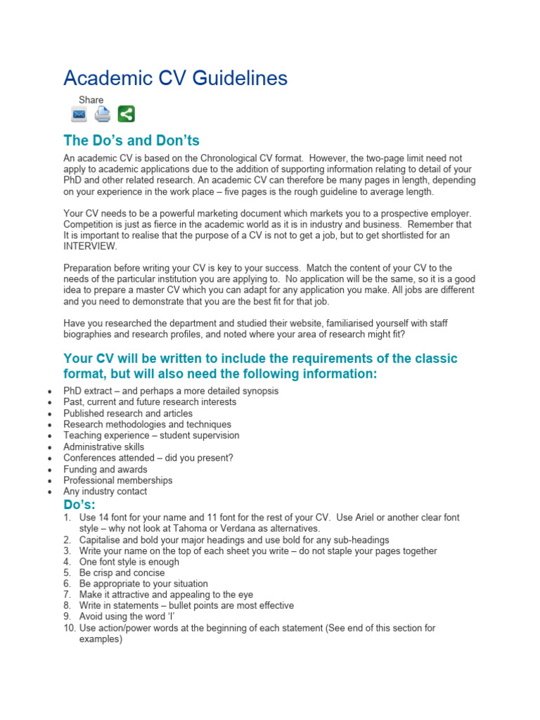 Academic CV Guidelines | Download Free PDF | Page Layout