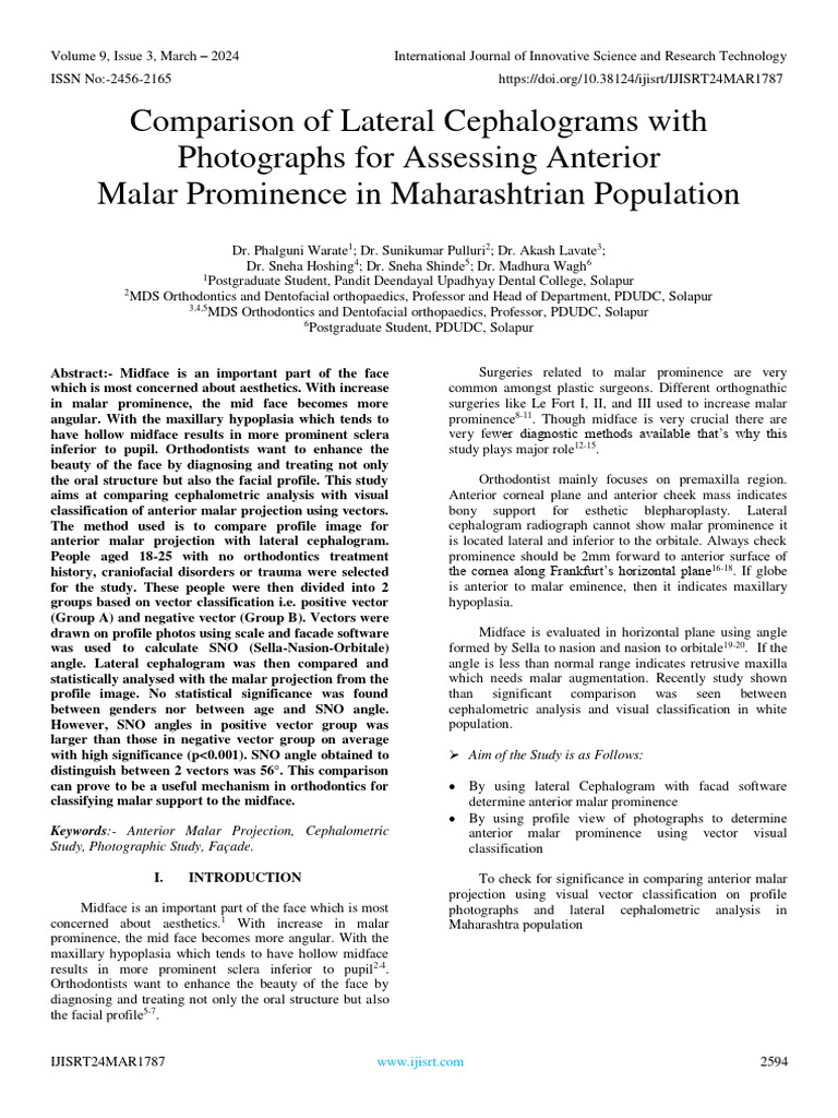 Comparison of Lateral Cephalograms With Photographs For Assessing Anterior Malar Prominence in ...