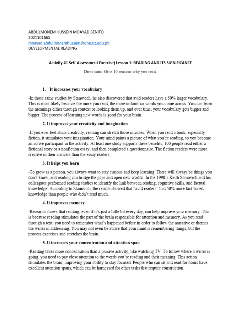 Activity 1 DEVELOPMENTAL READING | PDF | Attention | Empathy