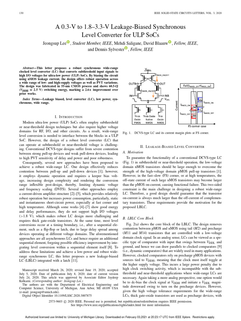 A 0.3 V To 1.8x20133.3 V Leakage Biased Synchronous Level Converter For ULP SoCs | PDF | Mosfet ...