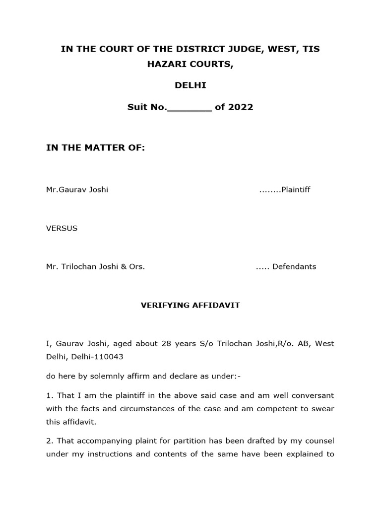 VERIFYING AFFIDAVIT Format in Civil Suit | PDF | Law