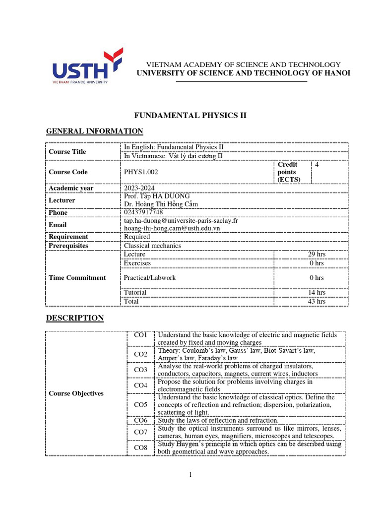 PHYS002-FundPhysII Course Syllabus AY2023-2024 | PDF | Optics | Diffraction
