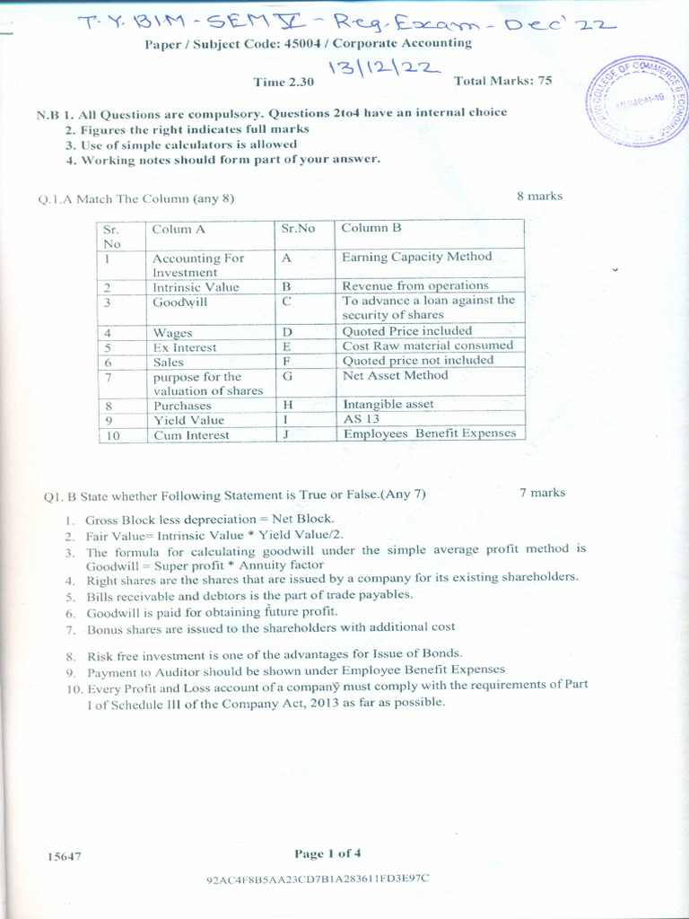 T.Y.BIM Sem V REG Exam Dec 2022 Corporate Accounting | PDF