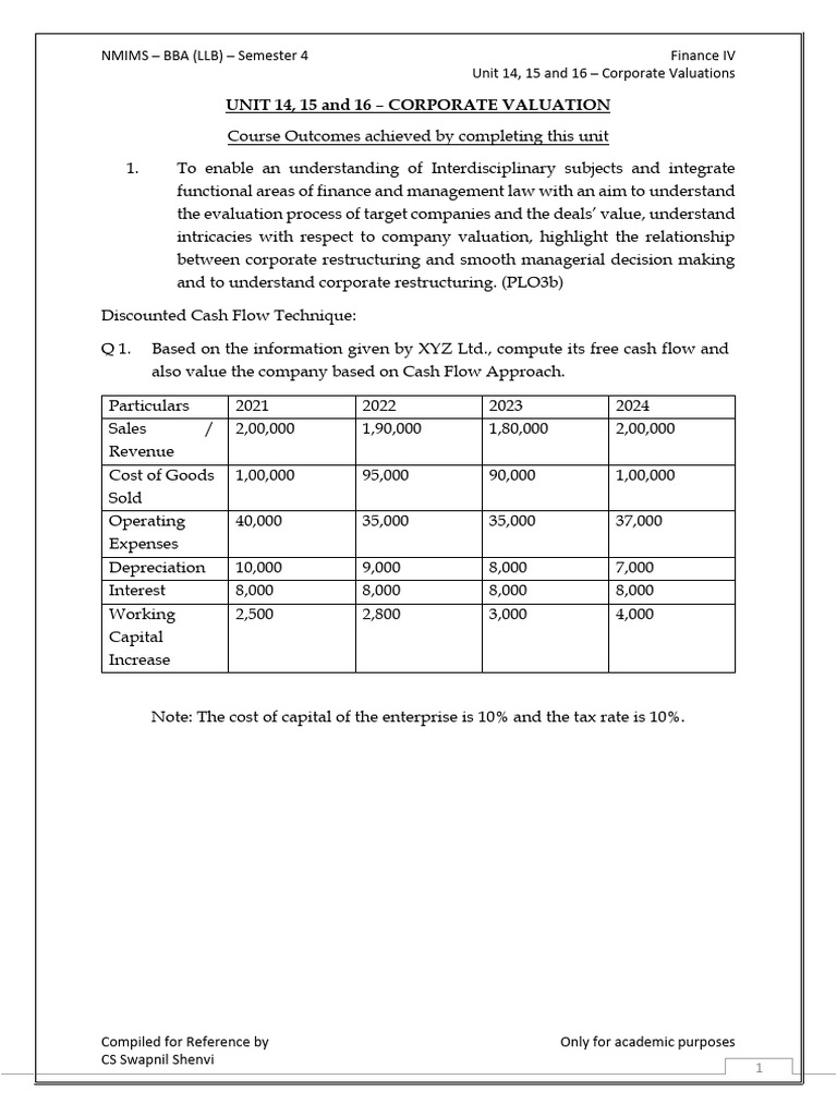 Unit 14, 15 and 16 - Corporate Valuation Numericals | PDF | Valuation ...
