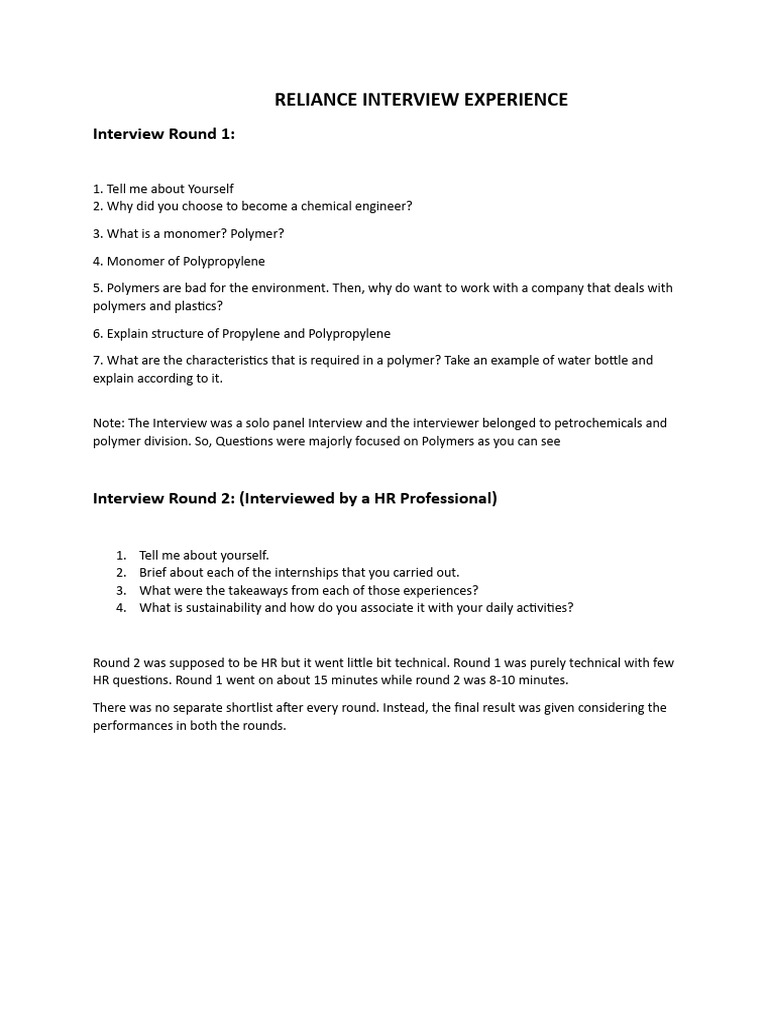 Reliance Interview Experience - 2 Rounds of Interview | PDF
