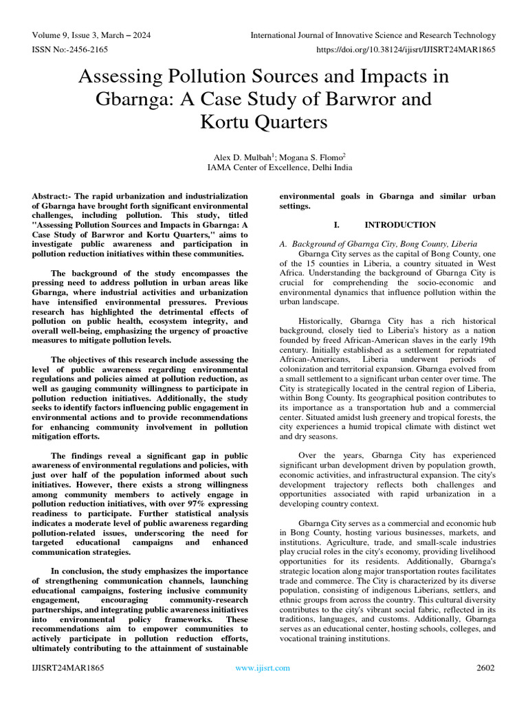 Assessing Pollution Sources and Impacts in Gbarnga: A Case Study of ...