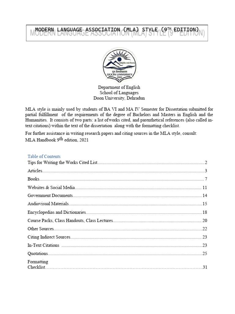 MLA 9th Edition Doon University | PDF | Citation | Digital Object Identifier
