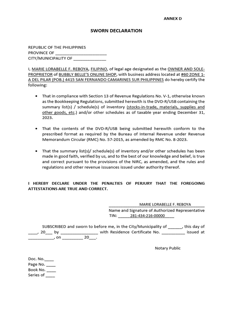 Bubbly Belles - Invty List - Sworn Declaration - CY 2023 | PDF