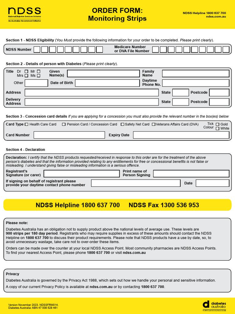 Blood Glucose Testing Strips Order Form | PDF | United States ...