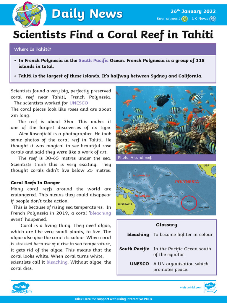 T Eal 1648725400 Esl A2 Reading Interactive PDF New Coral Reef Found ...