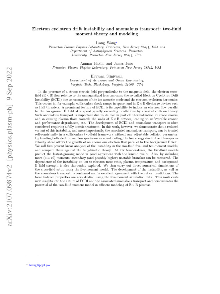 Electron Cyclotron Drift Instability and Anomalous Transport | PDF ...