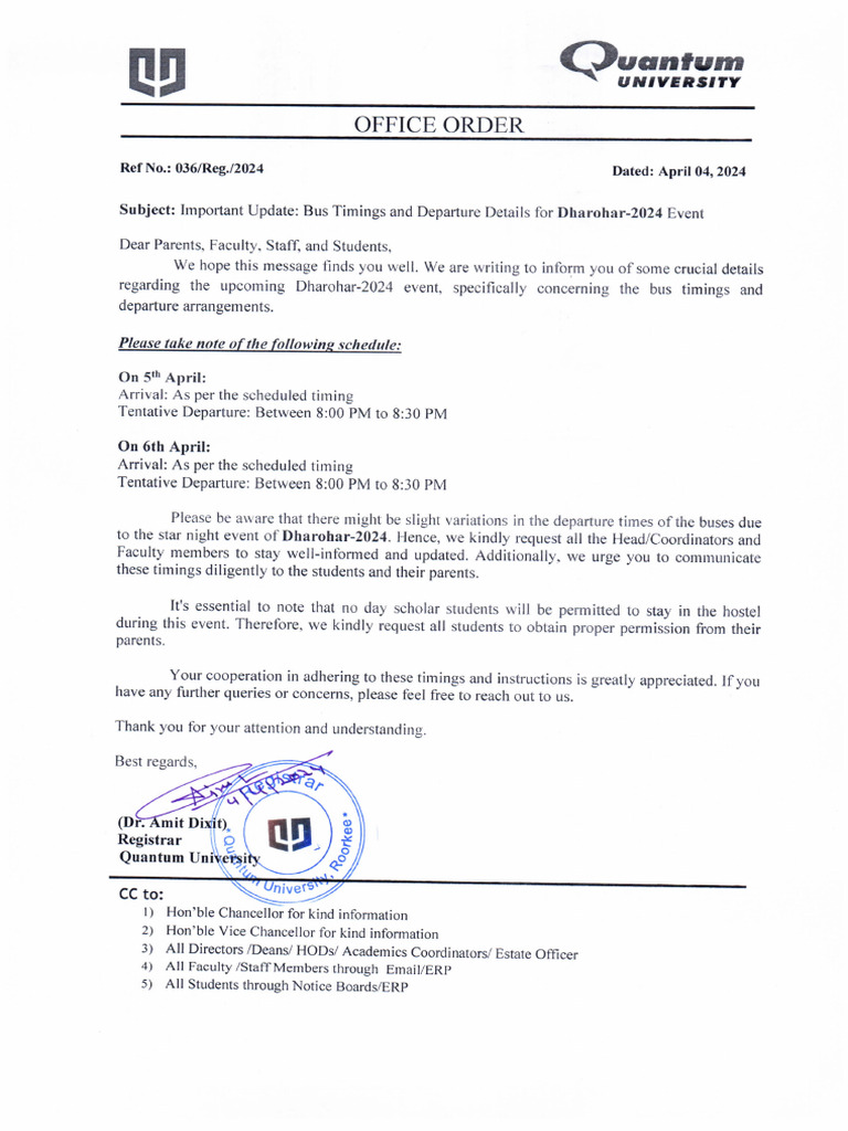 Bus timing office order Dharohar- 2024 | PDF