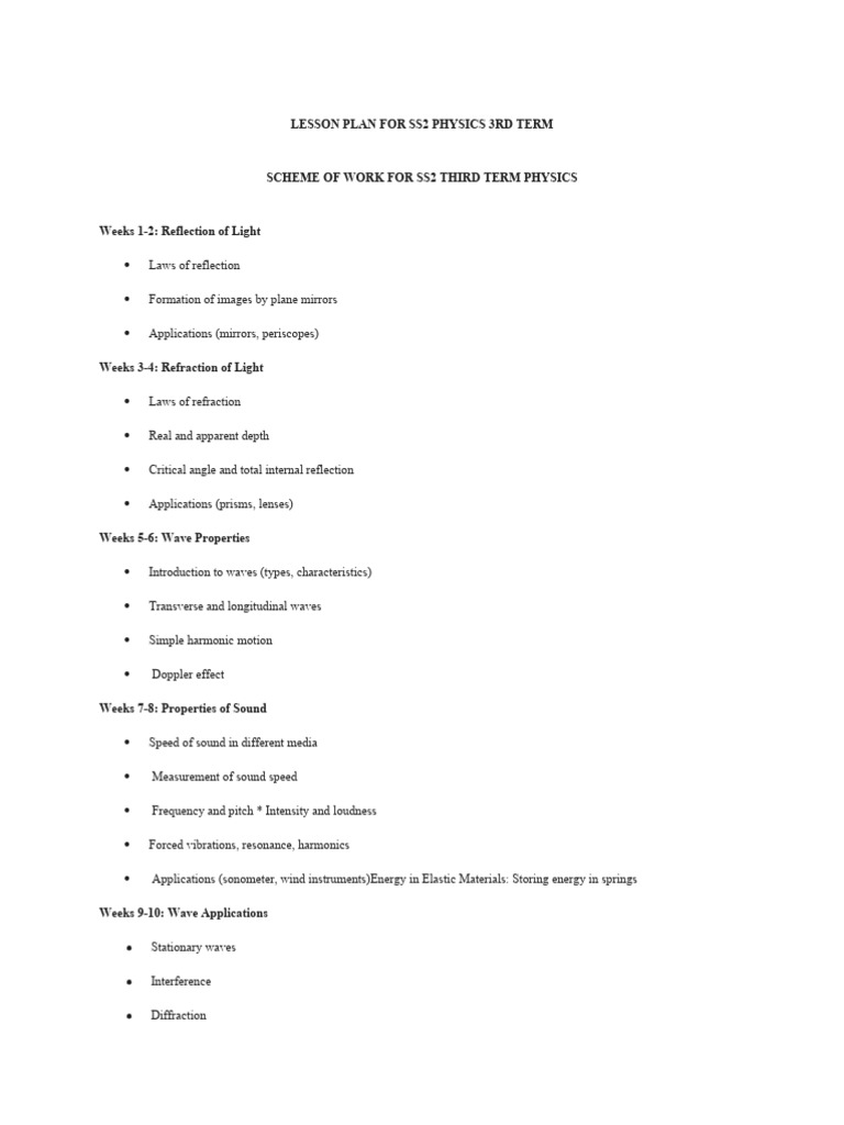 Lesson Plan For SS2 Physics 3RD Term | PDF | Sound | Refraction