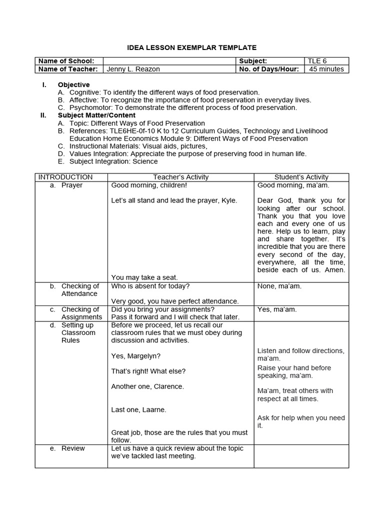 Idea Lesson Exemplar Template | PDF | Food Preservation | Foods
