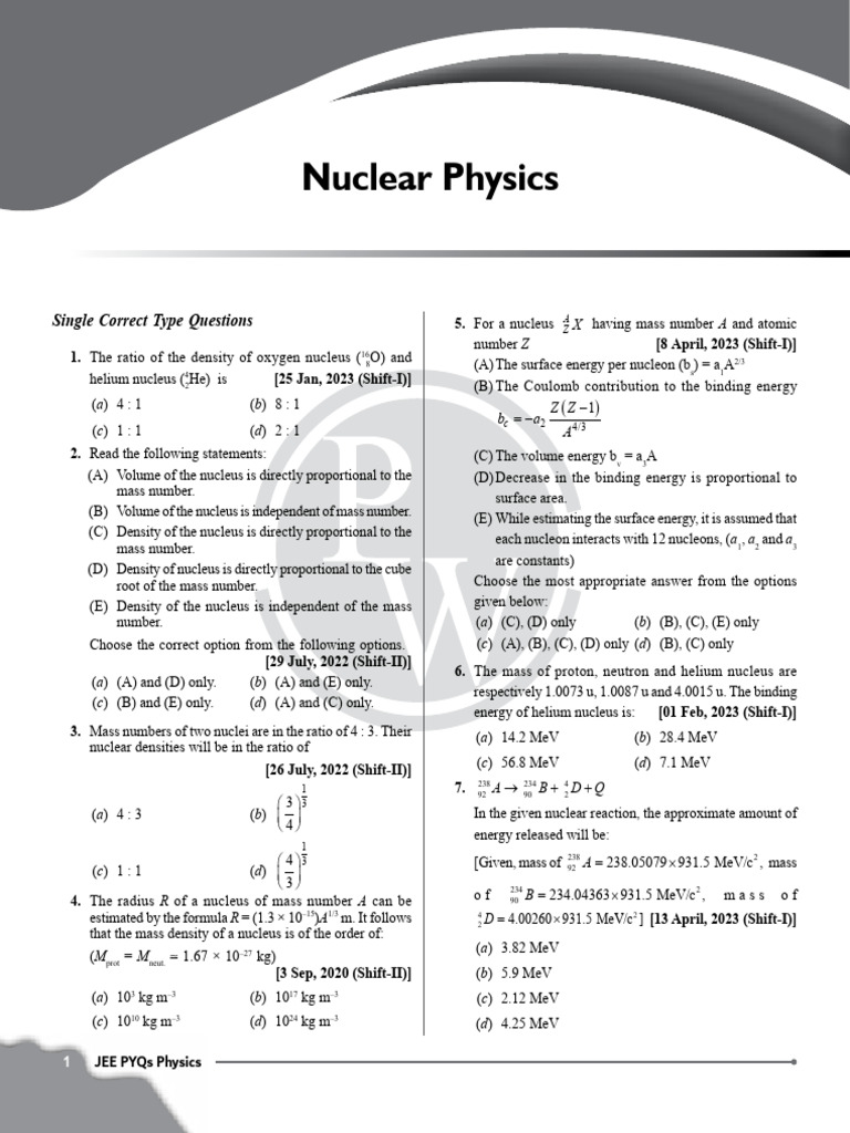 Nuclear Physics - PYQ Practice Sheet | PDF | Atomic Nucleus | Nuclear Reaction