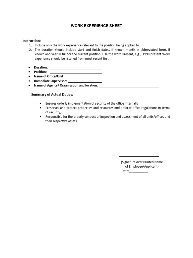 Application Work Experience Sheet | PDF