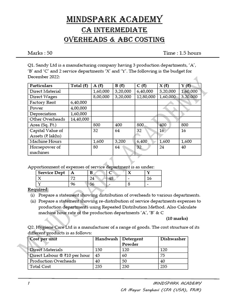 Overheads & ABC - Questions Test 1 | PDF | Management Accounting ...
