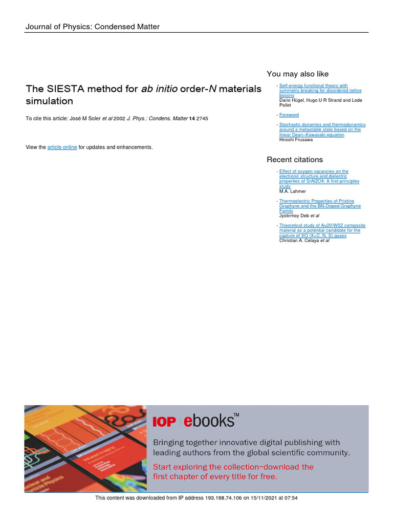 The SIESTA Method For Ab Initio Order-N Materials Simulation | PDF | Computational Chemistry ...
