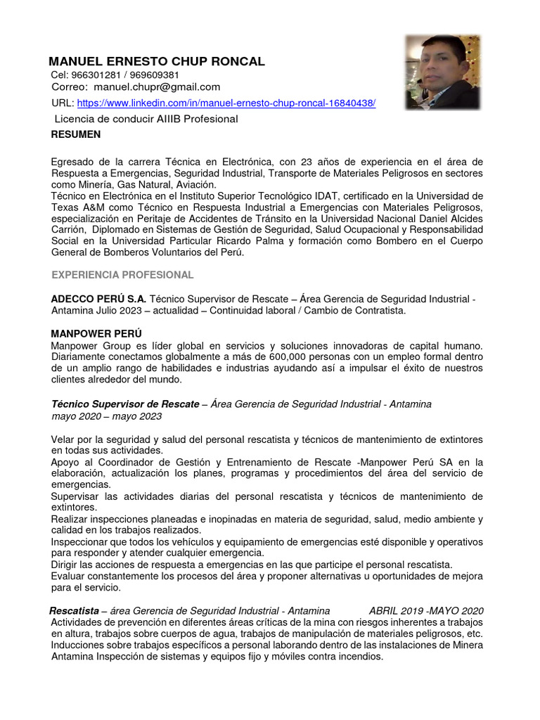 Currículum Manuel Chup | PDF | Minería | Mercancías peligrosas