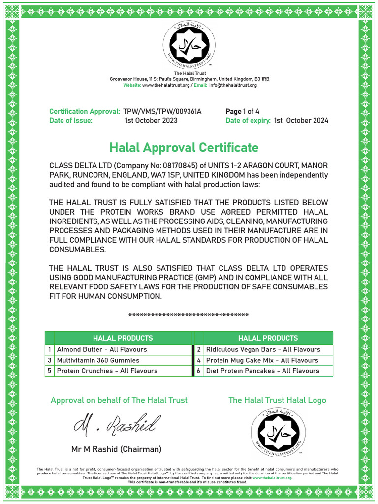 The Halal Trust The Protein Works Halal Certificate 1 | PDF | Veganism