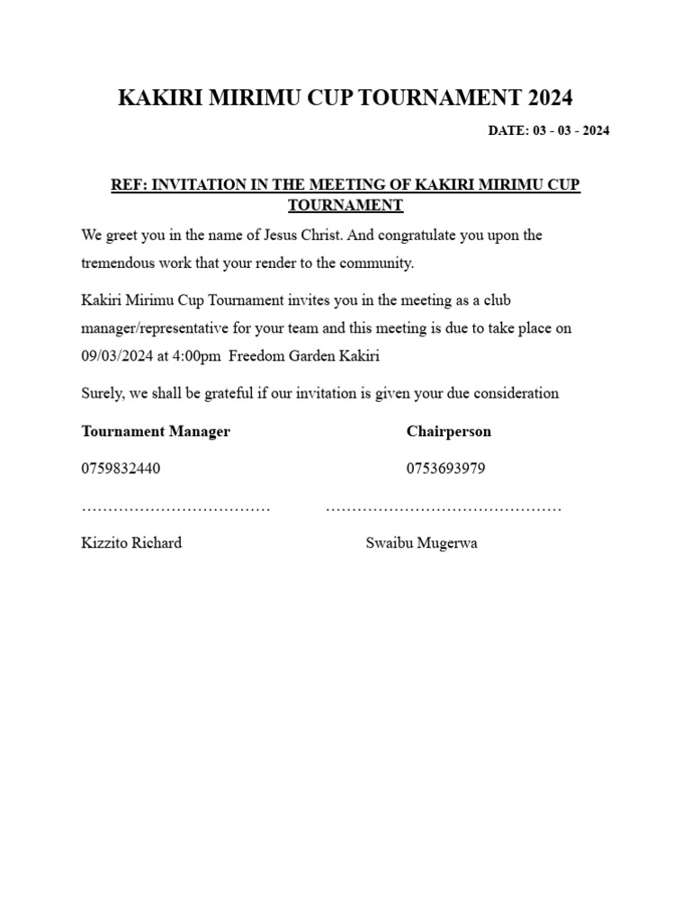 Kakiri Cup Meeting Invite 2024 | PDF