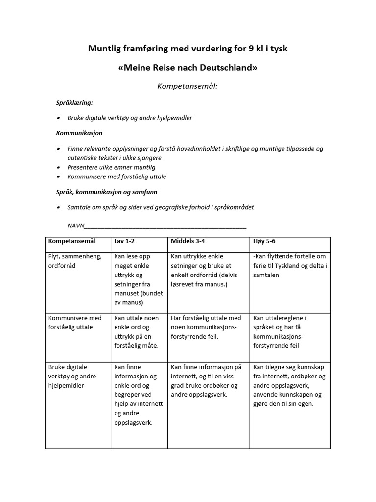 Vurdering Muntlig Samtale Meine Reise Nach Deutschland | PDF