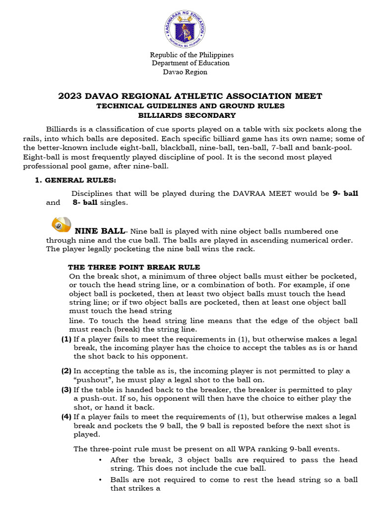 Billiards Technical Guidelines 2023.panabo City | PDF | Pool (Cue Sports) | Ball Games