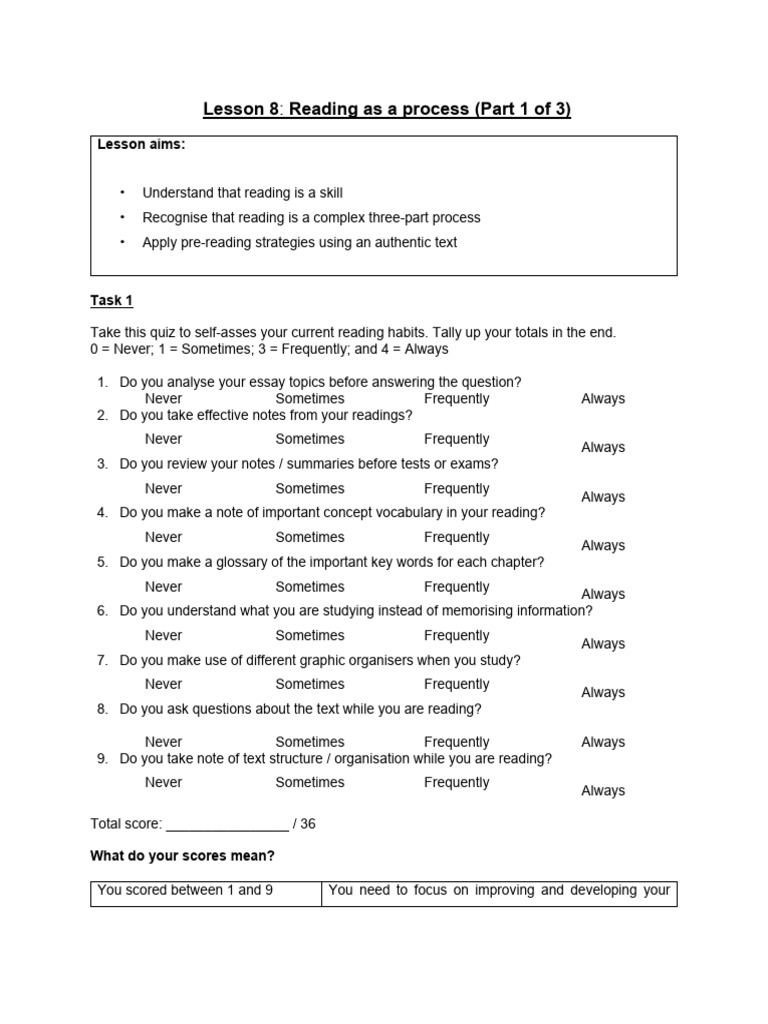 Lesson 8 - Reading As A Process (Part 1 of 3) | PDF | Speed Reading | Reading Comprehension